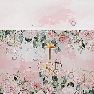 Suhelkit God Bless Baptism Decorations Tablecloth Girls - First Communion Decorations Party Table Cover, Pink Christening Celebration Baby Shower Religious Table Cloth, 3 Pack (54in x 108in)