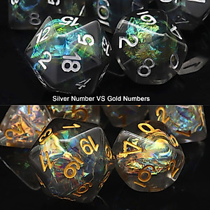 Haxtec Black DND Dice Set 7PCS Filled Resin Polyhedral D&D Dice W/Iridescent Mylar Inclusion Role Playing Dice Dungeons and Dragons Gift