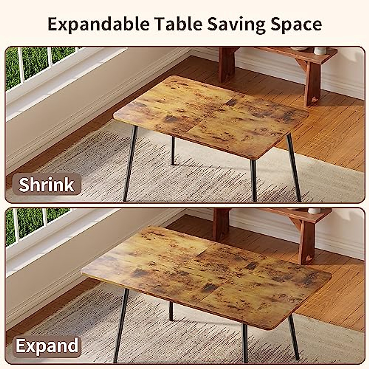 Qsun 7-Piece 63" Dining Table Set for 4-6 People, Extendable Kitchen Table Set with 6 Chairs, Dining Room Table with Metal Frame and Solid MDF Wood Board for Kitchen, Rustic Brown