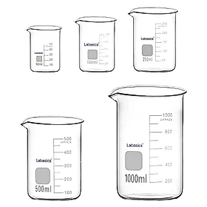 Labasics Glass Beaker Set, Borosilicate Glass Graduated Low Form Griffin Beakers in 5 Sizes, 50 ml/100 ml/250 ml/500 ml/1000 ml (1 L), Combo Pack