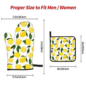 Lemon Oven Mitts and Pot Holders Sets of 3,Resistant Hot Pads with Polyester Non-Slip BBQ Gloves for Kitchen,Cooking,Baking,Grilling