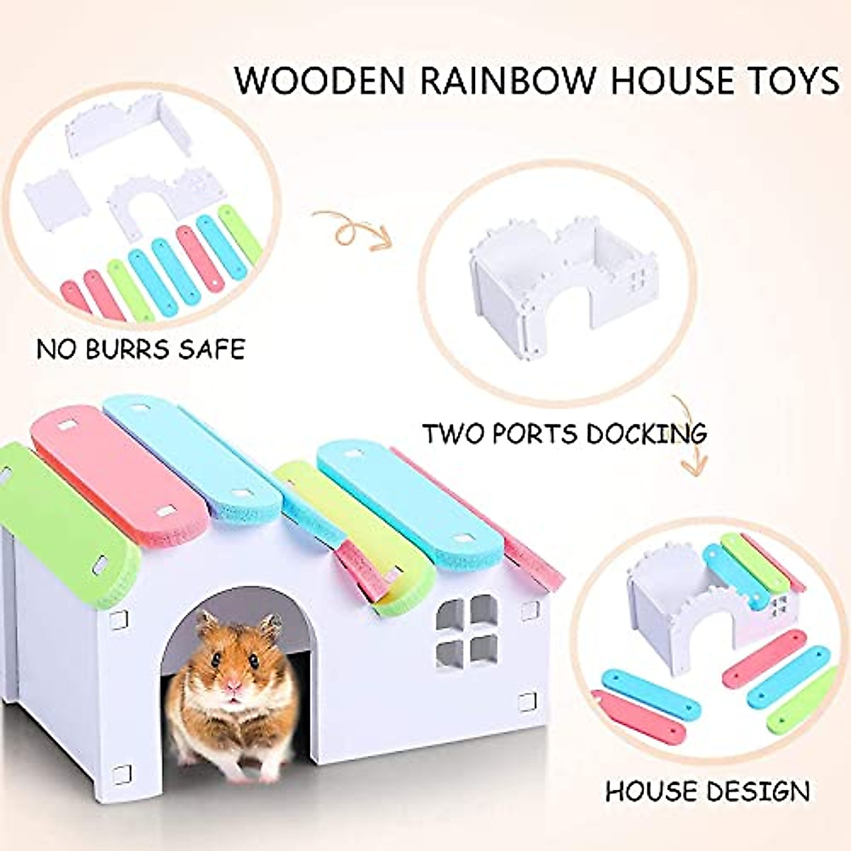 Hamiledyi Hamsters Flying Saucer Silent Running Exercise Wheels 10 Pcs Wooden Rainbow Gerbil House with Seesaw Small Animal Chew Toys for Teeth Care Molar Grass Cake Sweet Bamboo Snacks for Dwarf Mice