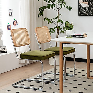 MFFM Dining Chairs Set of 2, Velvet Rattan Side Accent Chairs with Chrome Legs, Modern Mid Century Breuer Designed Chairs, Upholstered Dining Living Room Kitchen Chairs (Olive Green-2pcs)