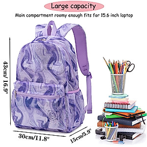 Dafelile Mesh Backpack for Girls Semi-Transparent See Through School Backpack for Teen Girls Large Capacity(Magic Purple Backpack)
