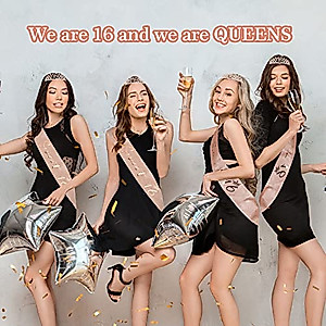 DASIGJID 16th Birthday Tiara & Sash for Girls, Rose Gold Happy Birthday Queen Princess Tiara with Combs for Girls, Queen Crystal Headbands for Hair Accessories,16th Birthday Decorations for Girls Prom