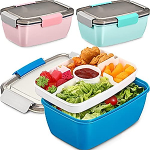 Hotop 3 Packs Salad Lunch Container 68 oz Large Bento Lunch Box Adult Salad Bowl with 5 Compartments Salad Dressings Container Bento Style Tray for Toppings,Blue,Green,Pink