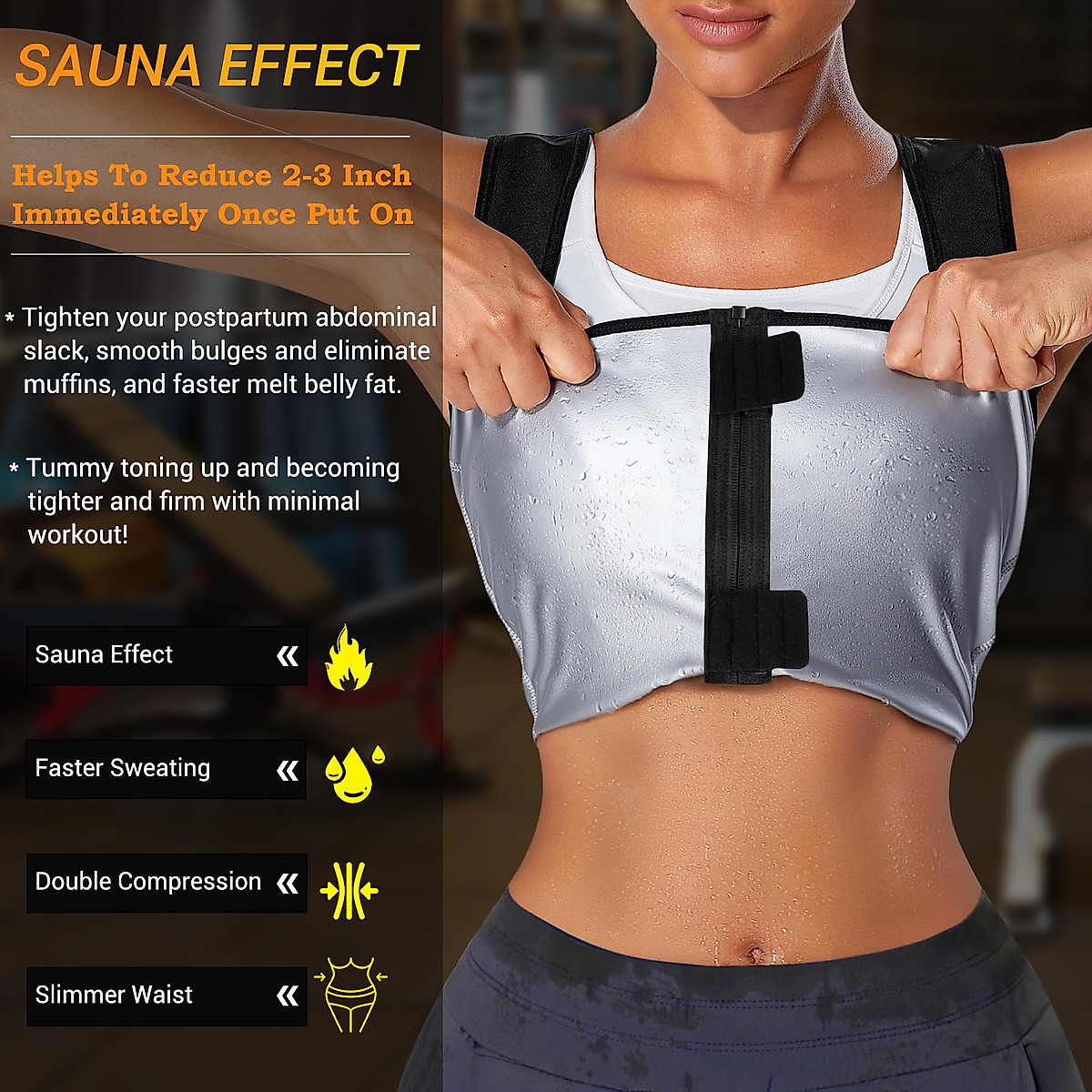 TrainingGirl Women Sweat Vest Waist Trainer Trimmer Belt Weight Loss Hot Sauna Suit Zipper Workout Tank Tops Slim Body Shaper (Black, Large)