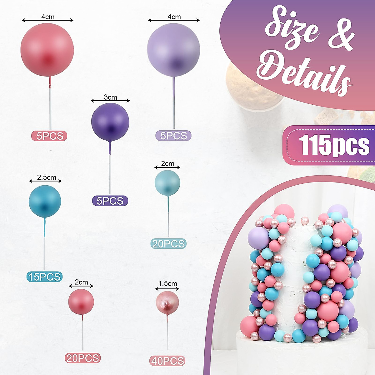 Acmee 115 PCS Ball Cake Toppers - Mini Balloon Cake Decorations Foam Ball Cupcake Picks DIY Cake Insert Toppers for Birthday Party Wedding Baby Shower - Pink Purple Blue