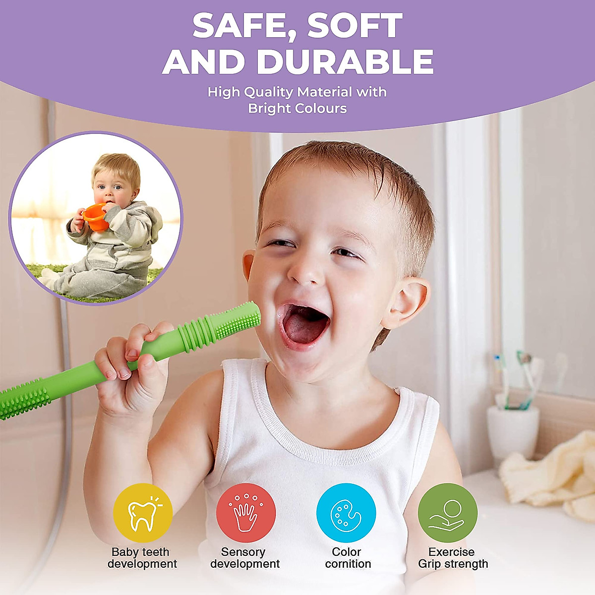 Samar Valley Teething Tubes - Pack of 4 Safe Silicone Baby Straws with Cleaning Brush and Different Surfaces/Colors for Healthy Molar Growth, Color Recognition, and Motor Control