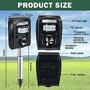 2 Pcs Ultrasonic Animal Repellers Black Solar Deterrent Devices Waterproof Ultrasonic Deer Repellents with Motion Sensor Flashing Light for Garden Farm House Drive Cat Dog Bird Coyote Skunk