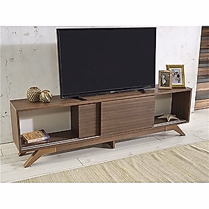 Natural Wood TV Stand Entertainment Center Mid Century Modern Console Table for Living Room Bedroom with 2 Sliding Door Cabinet 2 Shelves 67 inch Tv Unit, Walnut,Brown