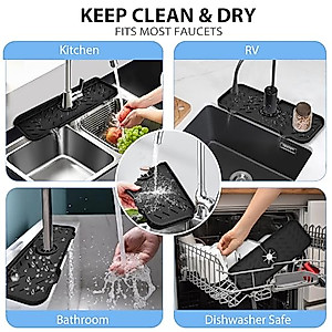 Silicone Faucet Mat for Kitchen, Sink Splash Guard, Sink Draining Pad Behind Faucet, Kitchen Sink Accessories, Faucet Absorbent Mat, Bathroom Faucet Water Catcher Mat (Black (15.4" x 5.9"))