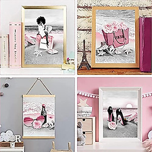African American Wall Art Black Girl on The Beach Pink Flowers, Perfume Handbags High Heels Modern Black and White Canvas Prints Framed Wall Decor for Girls Bedroom, Set of 4. 8x10in UNFRAMED