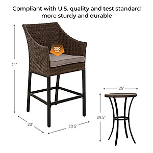 Grand patio 3-Piece Patio Bar Set, Outdoor Wicker Bar Stools Set with Olefin Cushions and Faux-Wood Table Top,Bar Table and Chairs Set for Garden,Backyard,Traditional American Style-Brown