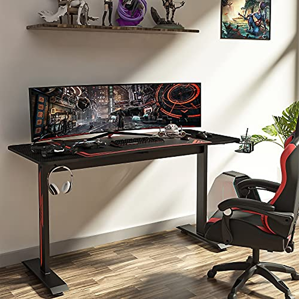 Sleepmax Gaming/Computer Desk 63 Inch, T-Shaped Gaming/Computer Table with Large Mouse Pad, Black PC Desk Gamer Setup with Cup Holder and Headphone Hook for Home/Office