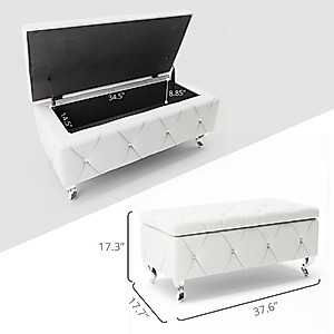 LUE BONA Storage Ottoman Bench, 38'' Upholstered White Faux Leather Ottoman with Crystal Tufted Button, Flip Top Foot Rest, End of Bed Bench Seat for Bedroom, Living Room, Vanity, 350LBS
