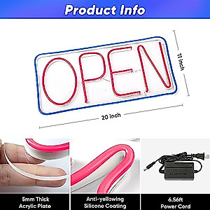KANAYA 20 Inch Open Sign, LED Open Signs for Business Dimmable, Bright Neon Open Sign Window Storefront for Restaurant Hotel Salon Bar Cafe Office, Power Adapter Included (Red&Blue/Horizontal)