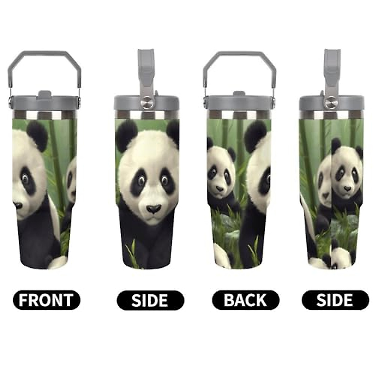 30oz Stainless Steel Insulated Tumbler with Flip Lid & Straw, Leakproof Travel Mug for Car, Cute Panda Double Wall Vacuum Thermal Coffee Cup with Handle, Spill-Proof Design for Hot/Cold Drinks