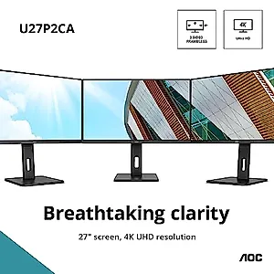 AOC U27P2CA 27" 4K Frameless Monitor, UHD 3840 x 2160, USB-C Docking, Height Adjustable Stand,Black