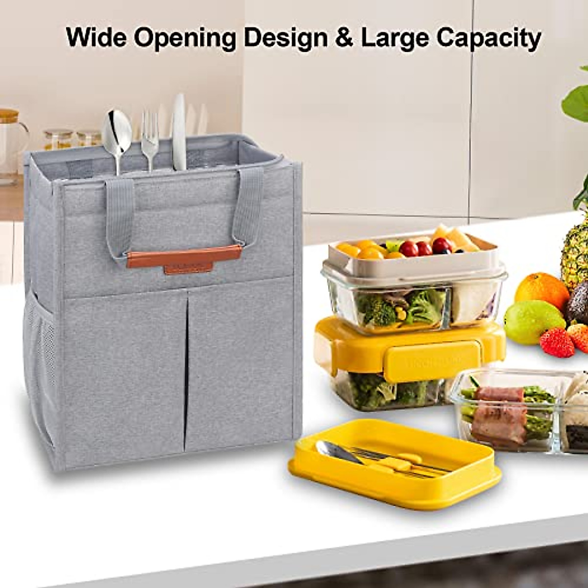 Lacdo Lunch Bag for Women Men Insulated Lunch Tote Bags Waterproof Reusable Lunch Box Soft Cooler with Pockets for Work Travel Picnic, Gray