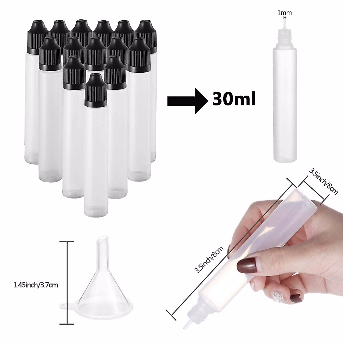 Joyclub 20 Pack 30mL LDPE Plastic Unicorn Dropper Bottle 1 oz Ink Liquid Applicator Squeezable Bottles with Childproof Cap and Thin Tip (Black)