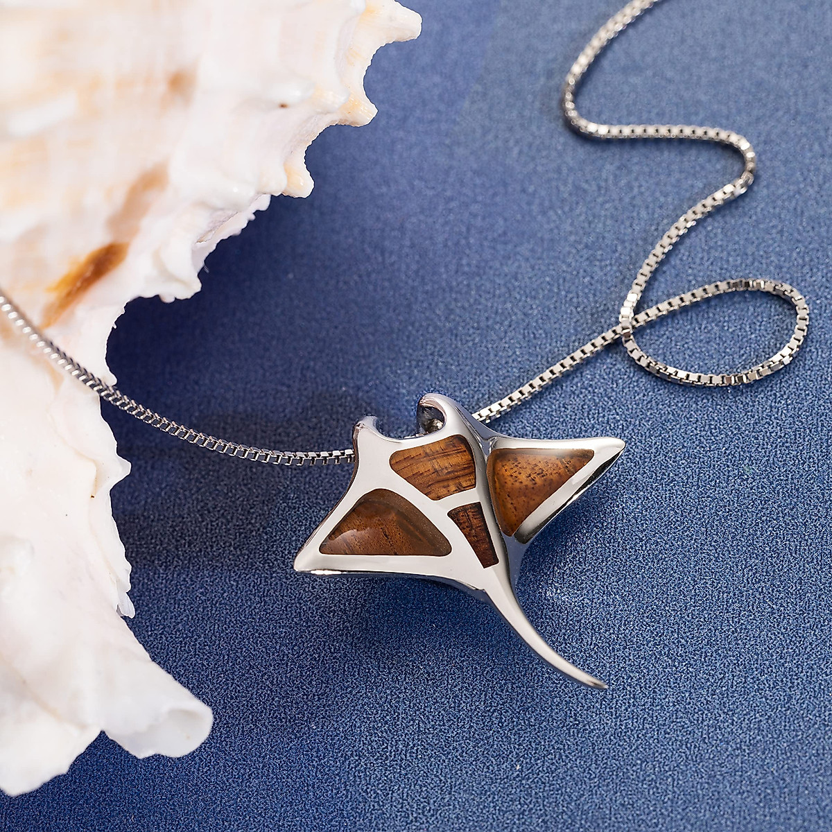 925 Sterling Silver Hawaiian Manta Ray Opal Koa Wood Larimar Gemstone Necklace Pendant with 18" Box Chain, Nickle Free Hypoallergenic for Sensitive Skin, Gift Box Included (Koa Wood)