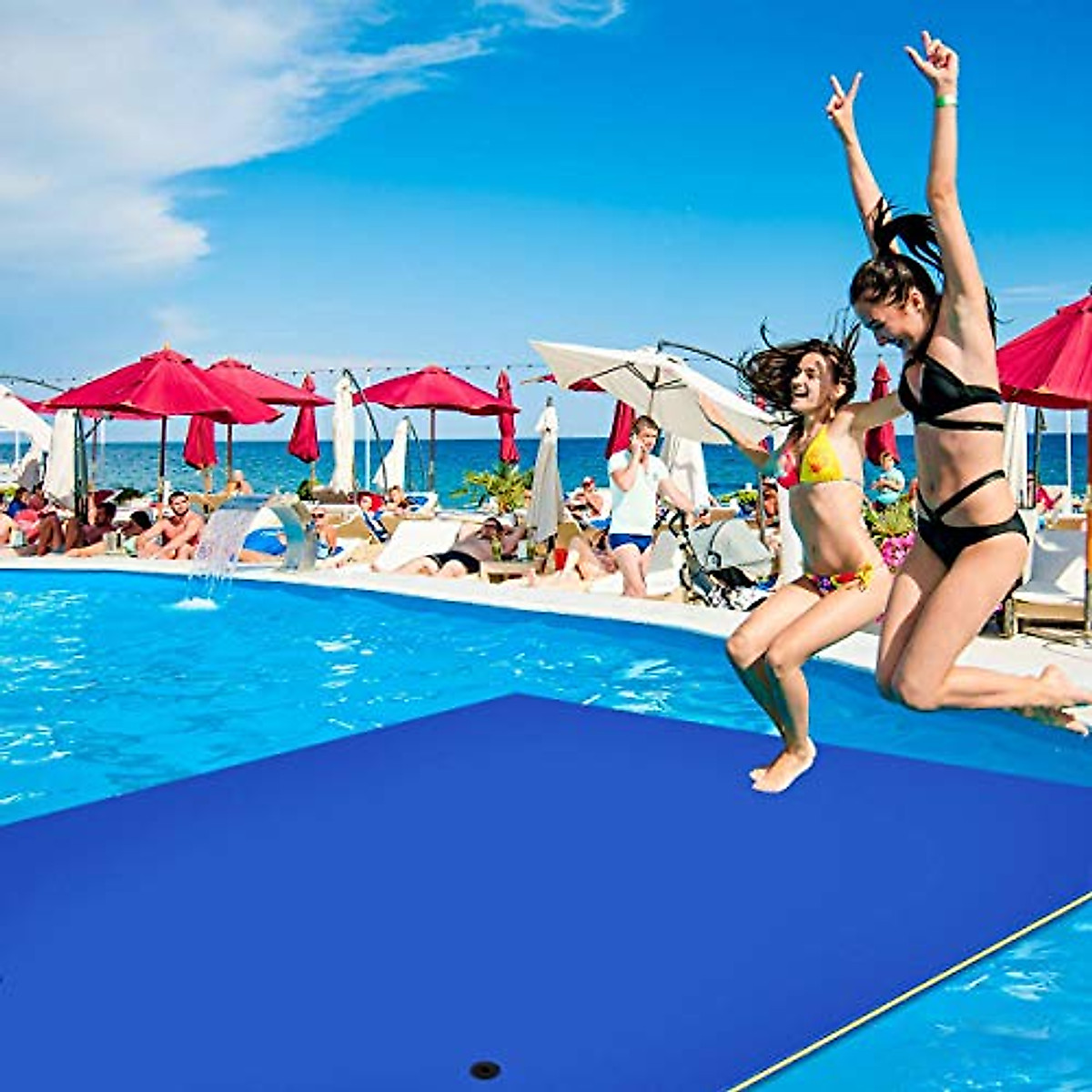 GYMAX Floating Water Pad, 9'/18' x 6' Water Foam Mat with Rolling Pillow, 3-Layer Floating Island for Pool River Lake Beach Ocean Water Activities (Blue, 9 Feet)