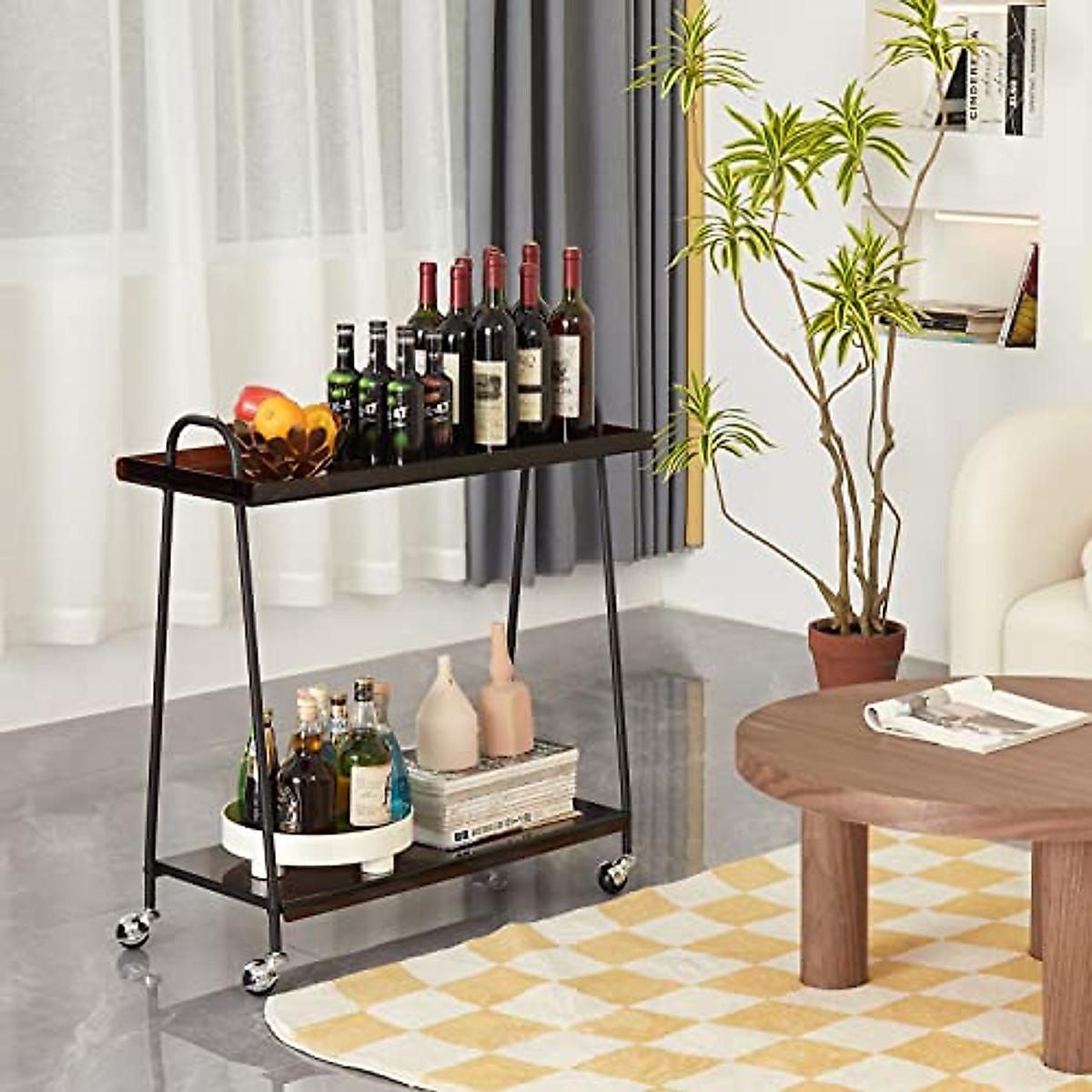 2 Tier Acrylic Home Bar Cart Multifunctional Kitchen Metal Mobile Service Wine Cart with Lockable Wheels Office Coffee Rolling Utility Cart(Mult)