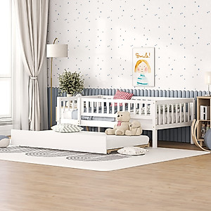 Hlcodca Twin Size Bed Frame with Trundle and Fence Guardrails for Kids Teens Adults, Wood Slat Support, No Box Spring Needed, Easy Assembly (White, Twin)