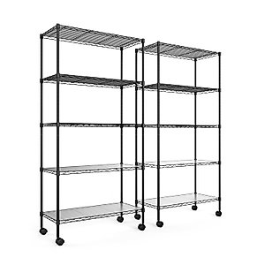 pouseayar 5 Tier NSF Metal Shelf Wire Shelving Unit, 60" H x 30" L x 14" D - 750lbs Capacity Heavy Duty Adjustable Storage Rack with Wheels & Shelf Liners - Black Set of 2
