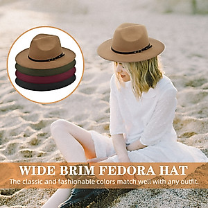 Women Classic Wide Brim Fedora Hat, 4 Pack Retro Panama Hat Wool Fedora Hat with Belt Buckle (Black+Army Green+Camel+Wine Red)