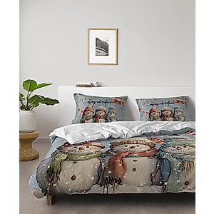 Christmas Snowman Winter Snowflakes Duvet Cover Sets 4 Piece Full Ultra Soft Bed Quilt Cover Set for Kids/Teens/Women/Men,Xmas Stocking Retro Linen Blue Bedding Collection All Season Use