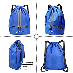 Cajmols Drawstring Backpack with Ball Compartment Water Resistant Sport Equipment Bag for Soccer Volleyball Baseball Softball Football Yoga Swimming (Q-Blue)