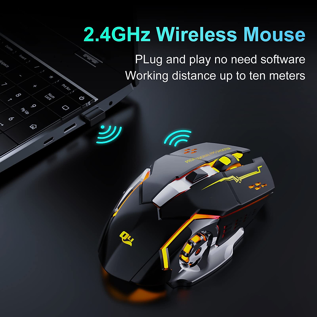 QELIROKY New 2.4G Wireless Rechargeable Gaming Mouse Silent Click with 6 Buttons, 3 Adjustable Levels DPI, Colorful LED Lights for Laptop, iPad, MacOS, PC, Windows, Android (Black)