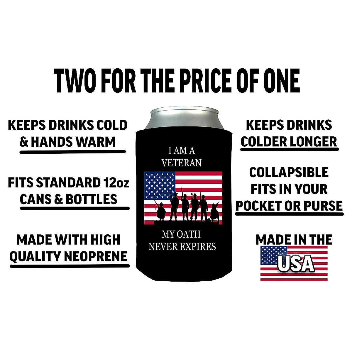 Military Veteran Oath Collapsible Beer Can Bottle Beverage Cooler Sleeves 2 Pack Gift Set