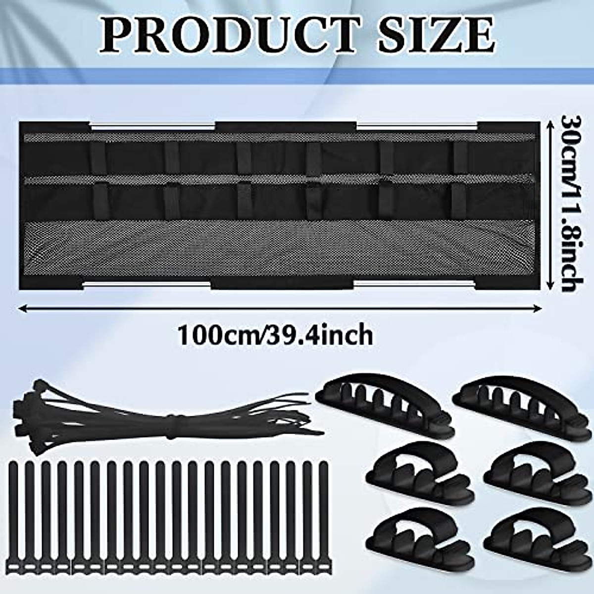 40 Inch Desk Cable Management Tray, Cord Organizer, and Cable Concealer with 12 Adjustable Straps for Home or Office with 10 Nylon Cable Ties, 5 Hole Cable Ties, and 10 Hook and Loop Cable Ties