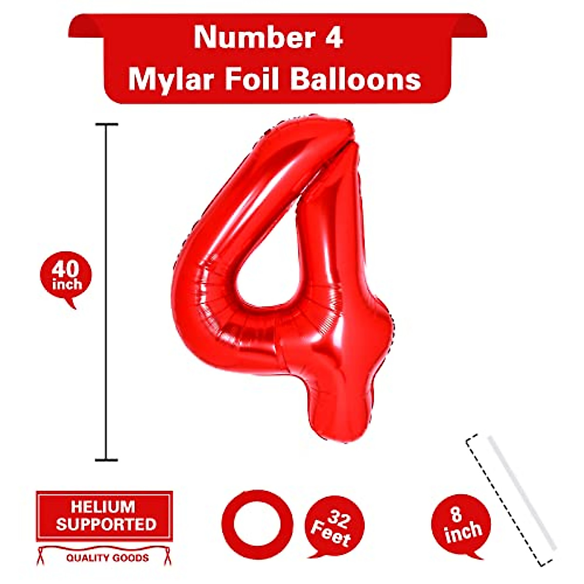 40 Inch Giant Red Number 4 Balloon, Helium Mylar Foil Number Balloons for Birthday Party, 4th Birthday Decorations for Kids, Anniversary Party Decorations Supplies (Red Number 4)