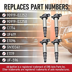 Replacement Ignition Coil Pack Set of 4 - Compatible with Toyota, Lexus, Scion - 1.8L L4 Corolla, Matrix, Prius, V, Plug-In, Vibe, xD, CT200h - Replaces 90919-02252, 90919-02258, UF596, UF619, C1714