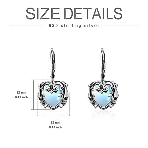 Heart Gothic Skull Head Dangle Earrings for Women S925 Sterling Silver Punk Dangling Earrings with Synthetic Moonstone Halloween Jewelry Gifts