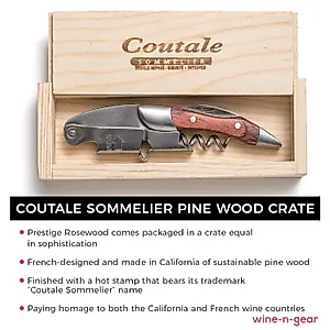 Prestige Waiters Corkscrew By Coutale Sommelier - Rosewood - Handmade and Sustainable Pinewood Crate - French Patented Spring-Loaded Double Lever Wine Bottle Opener for Bartenders and Gifts