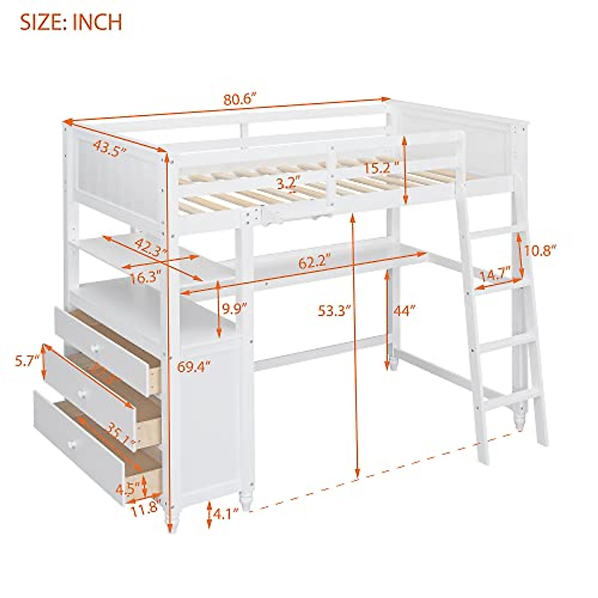 Harper & Bright Designs Twin Size Loft Bed with Desk and Drawers, Wooden Twin Loft Bed with Storage Shelves, High Loft Bed for Kids, Teens, Adults Boys & Girls (Twin, White)