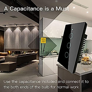 MoesGo 2nd Generation WiFi RF433 Smart Touch Wall Single Wire Smart Switch?No Neutral Wire Needed Compatible with Smart Life/Tuya App, Works with Alexa and Google Home Single Pole 110V Black 3 Gang