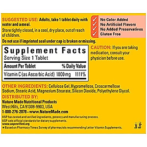 Nature Made Vitamin C 1000 mg, Dietary Supplement for Immune Support, 100 Tablets, 100 Day Supply