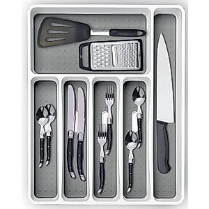 SUJUDE Silverware Drawer Organizer - Non Slip Utensil Tray Narrow, Kitchen Cutlery Tray Drawer Organizers Plastic 6 Compartment Gray Tray