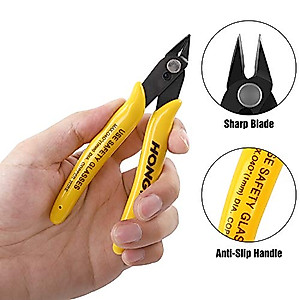 HongWay 5pcs Micro Flush Cutters, Wire Cutter with Internal Spring, Diagonal Cutters for Electronics, Heating Wire, Model Sprue, Soft Copper Wire Snips, 5 inches, Yellow