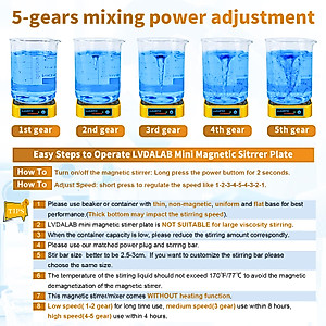 LVDALAB Magnetic Stirrer, Mini Magnetic Stir Plate with 4 Pcs Stir Bars and 1Retriever, 3000RPM Magnetic Stirrer Mixer Lab Stirrers, Max Capacity 2000ml, Brushless DC Motor 5 Gear Speed-Yellow
