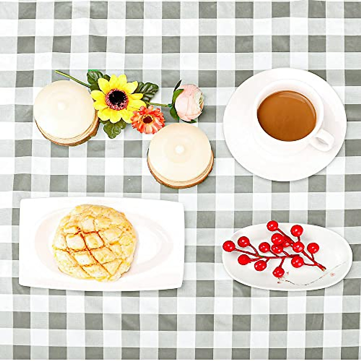 Aksipo Vinyl Picnic Tablecloths and Bench Covers, Waterproof Picnic Table and Bench Seat Covers with Elastic Edges for Outdoor Patio Park, Gray Checkered Flannel Backed Lining, 72 Inch 3 Piece Set