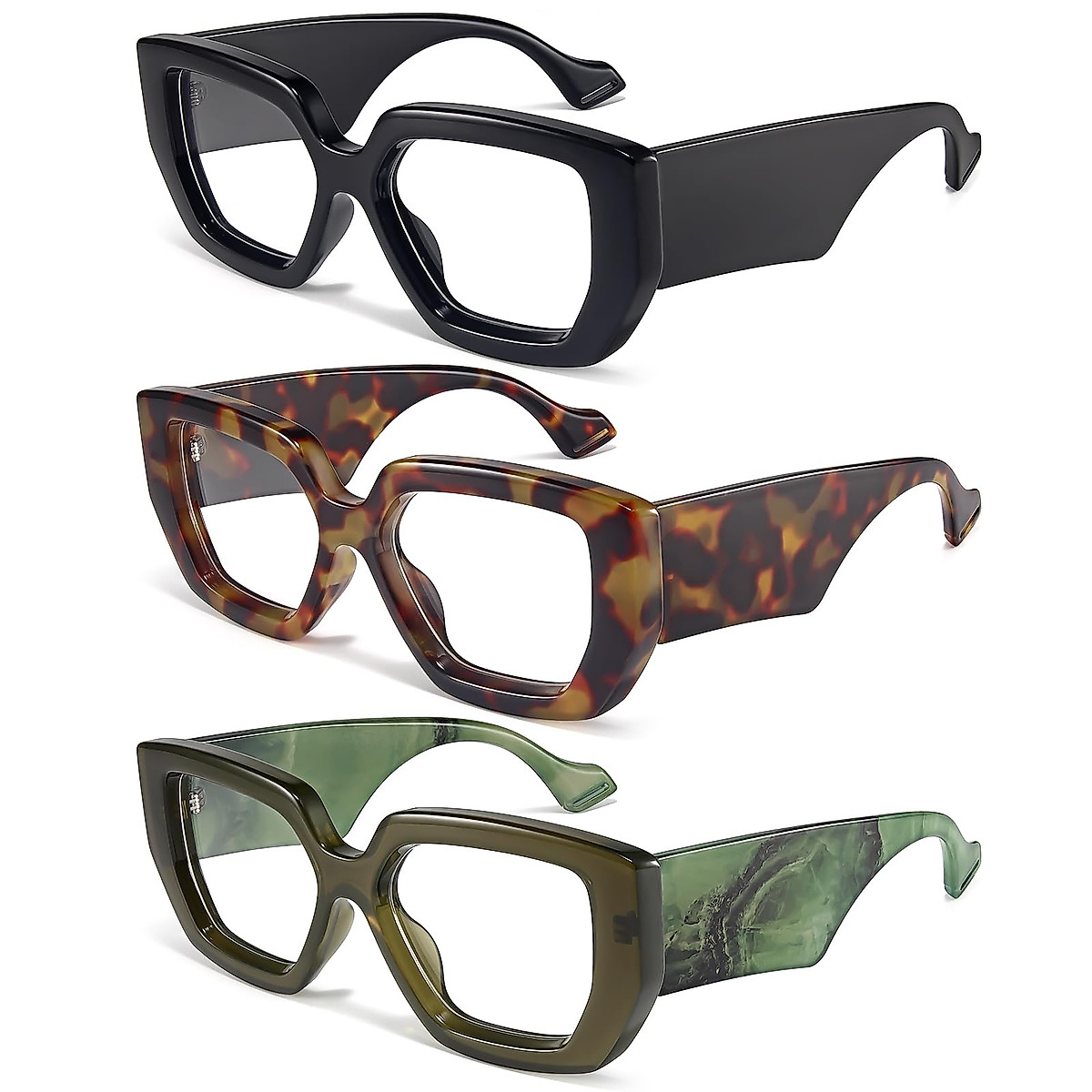 livho 3 Pack Blue Light Glasses Women Men Oversized Fashion Computer Bluelight Blocking Thick Frame Eyeglasses Anti Eyestrain (A1 Black/Dark Green/Leopard)