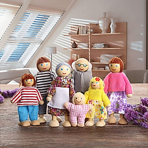 PUCKWAY Lovely Happy Family Dolls Playset Wooden Figures Set of 7 People with Dog for Kids Children Toddlers Dollhouse Pretend Gift