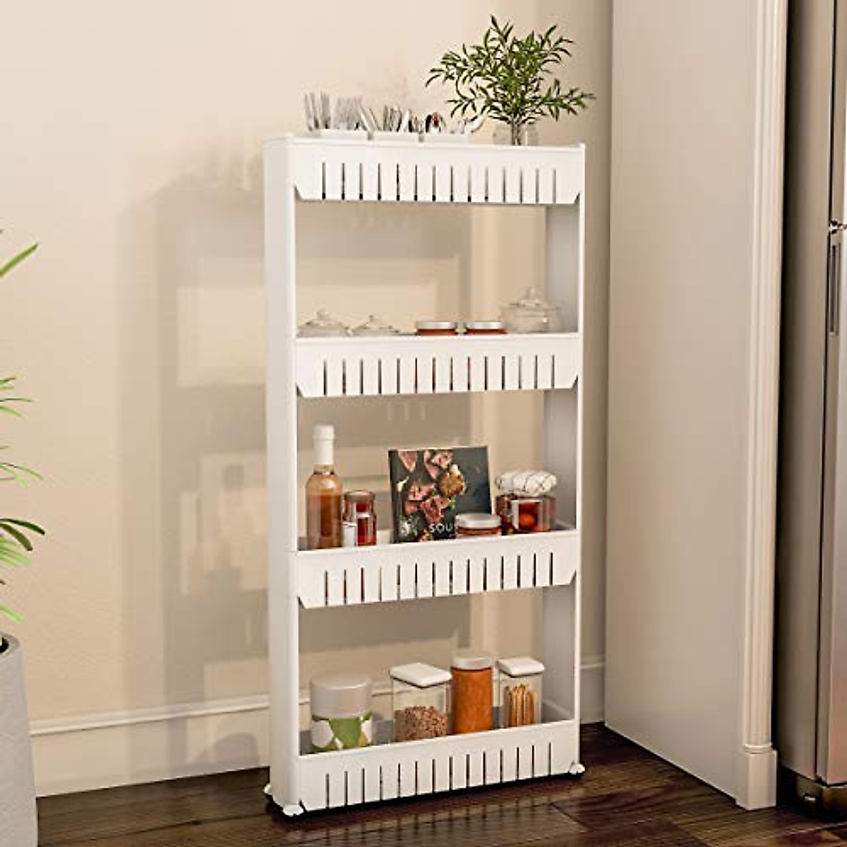 Mobile Shelving Unit Organizer with 4 Large Storage Baskets, Slim Slide Out Pantry Storage Rack for Narrow Spaces by Everyday Home